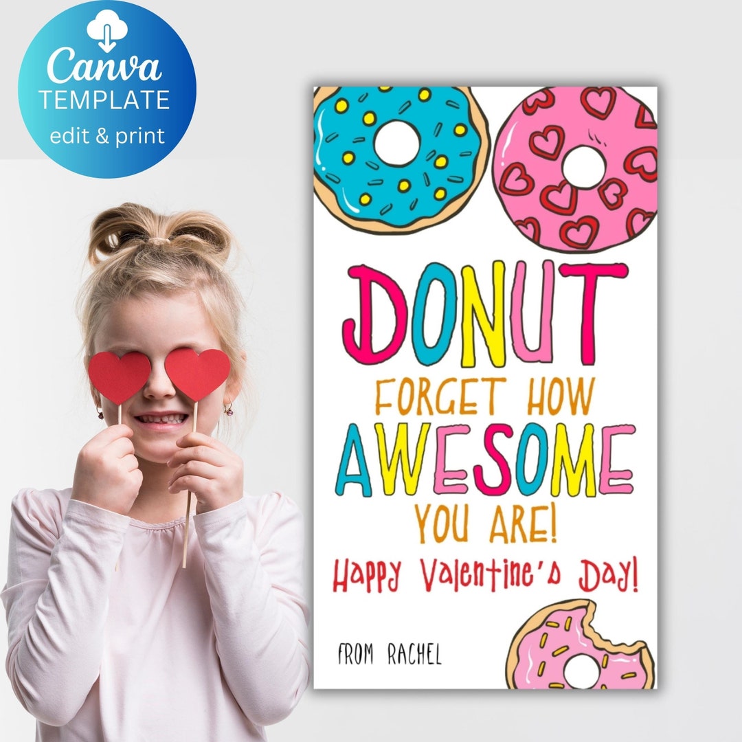 Donut Valentine Gift Tag: Classroom Favor, Editable Canva Template ...