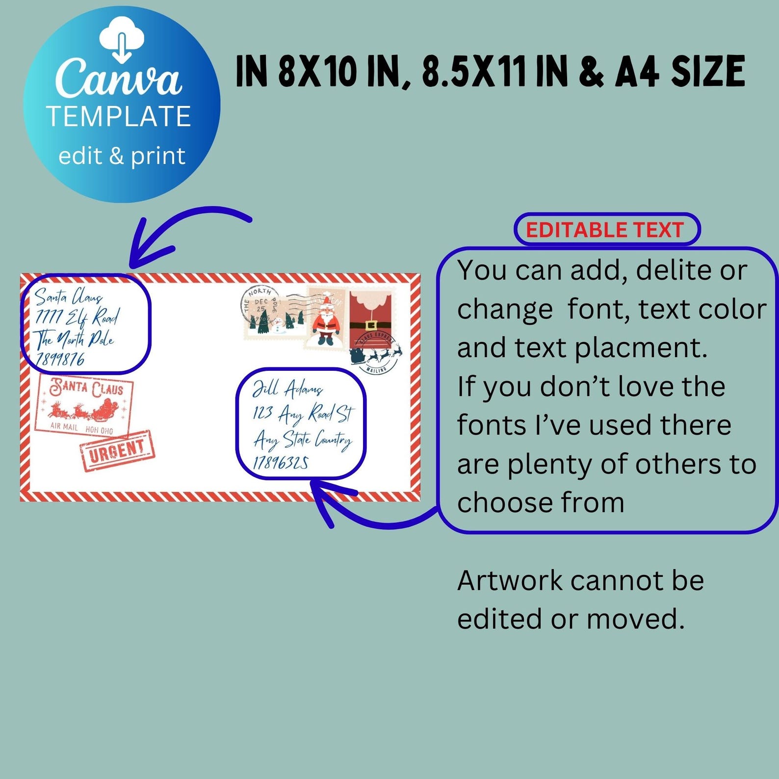 Editable Santa Letter Envelope, Personalized Address Christmas Mail ...