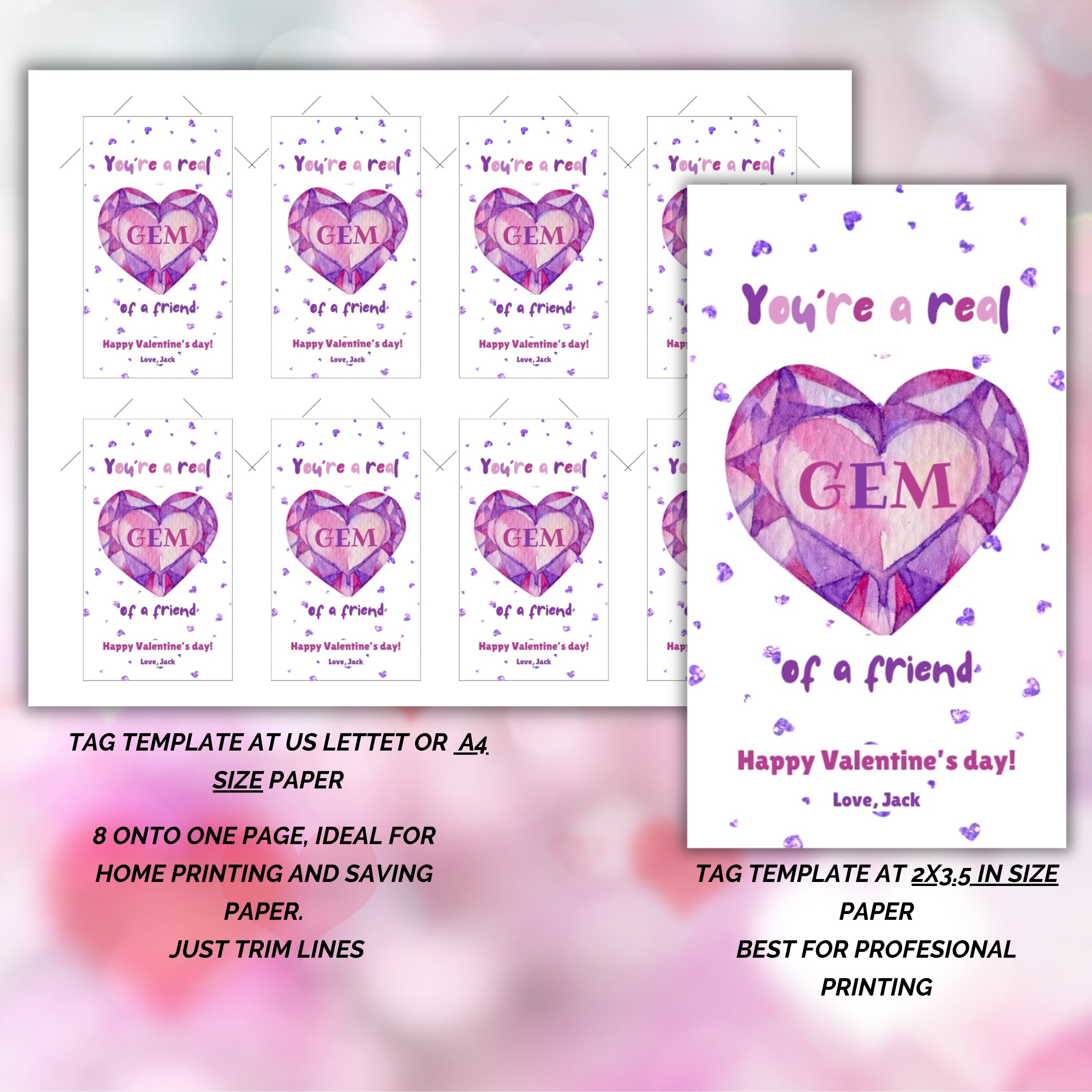 Editable Valentines Gem Gift Tag, You're A Real Gem of a Friend, Candy ...