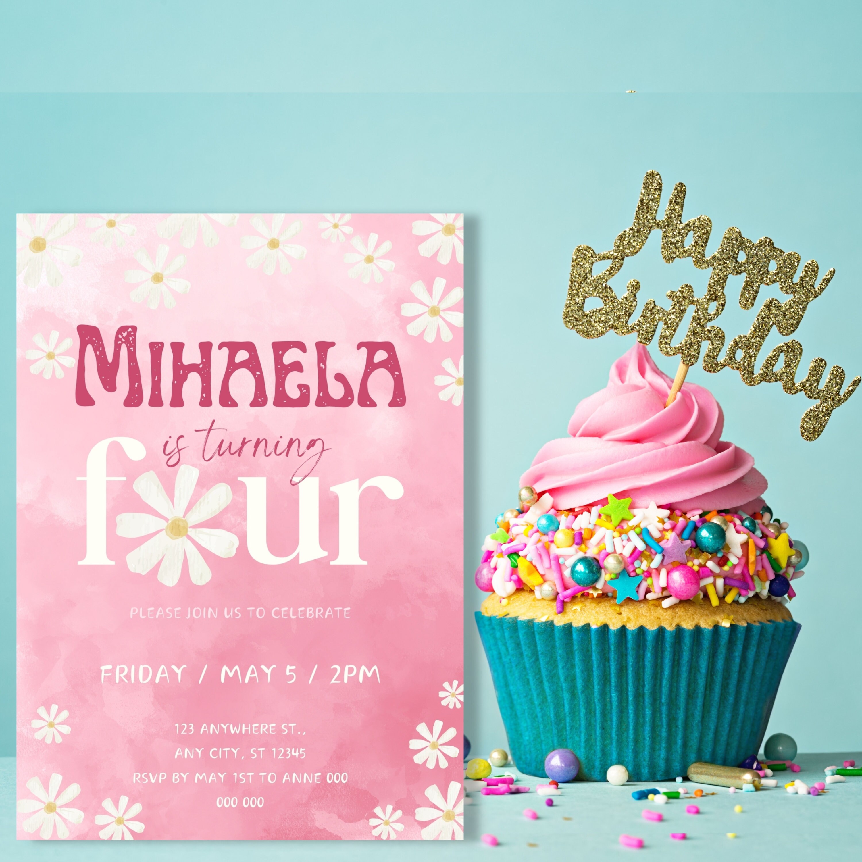 Pink Daisy Birthday Invitation, Boho Daisy Fourth Girl Birthday Party ...