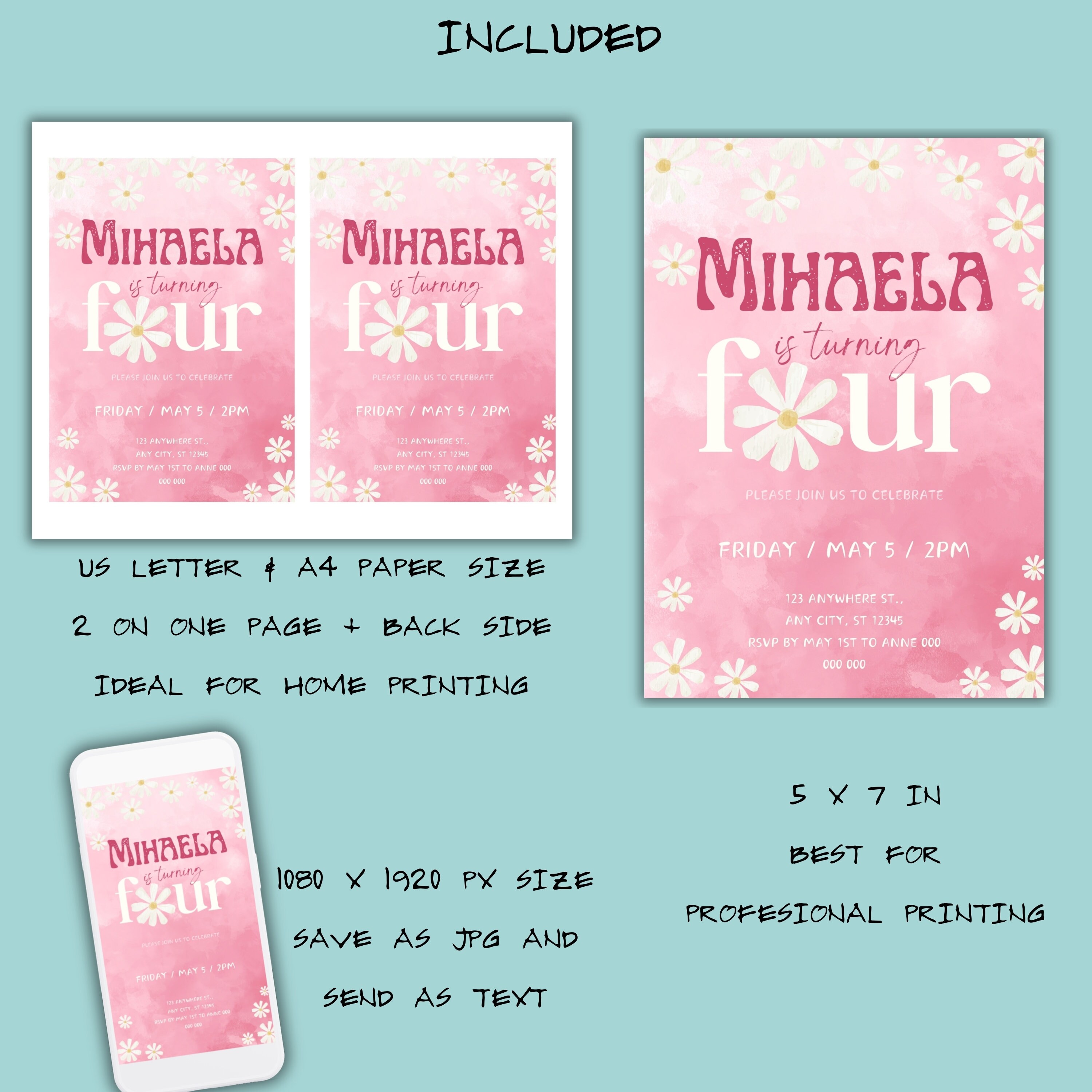 Pink Daisy Birthday Invitation, Boho Daisy Fourth Girl Birthday Party ...