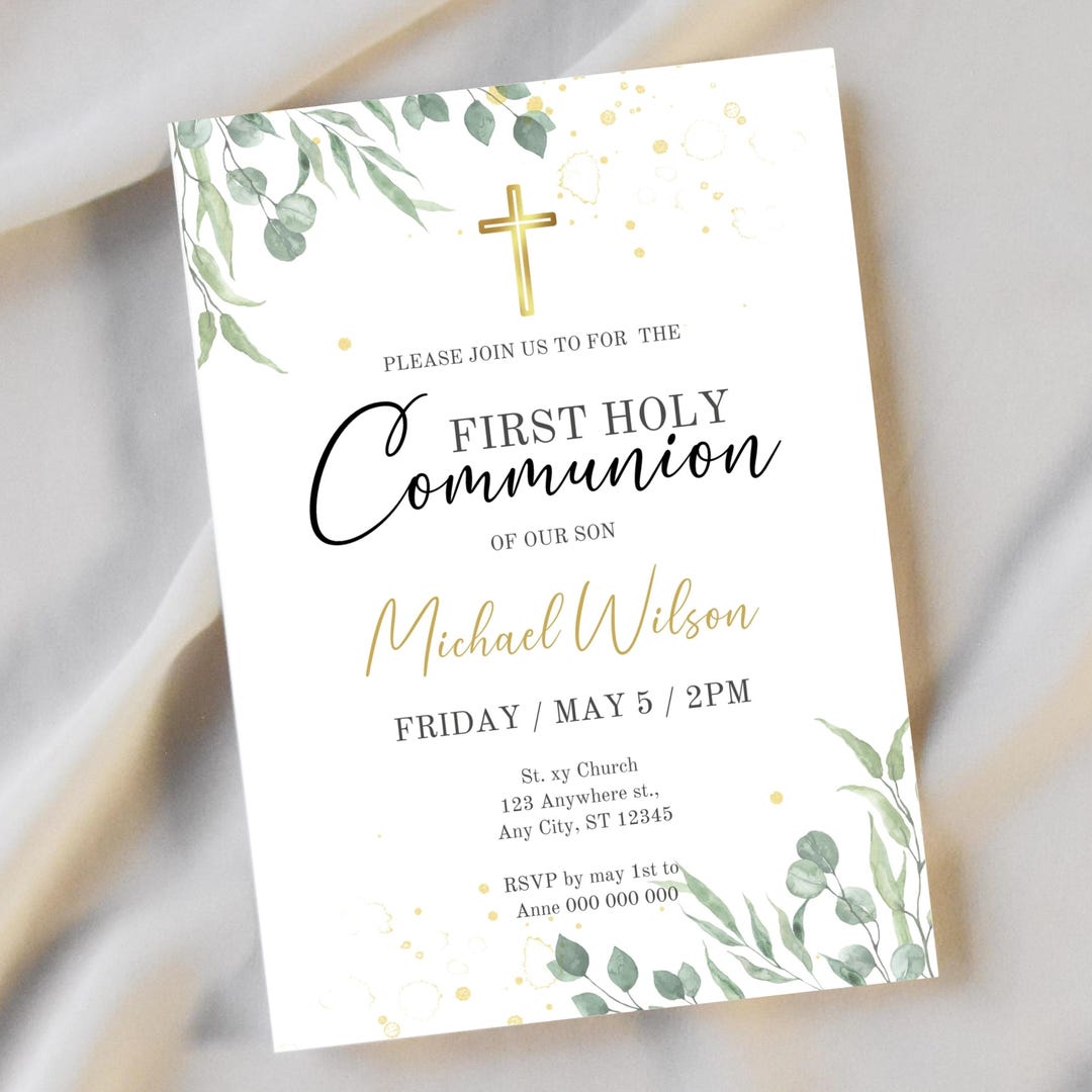 Baptism First Communion Invitation Editable Tempalte Printable Greenery ...