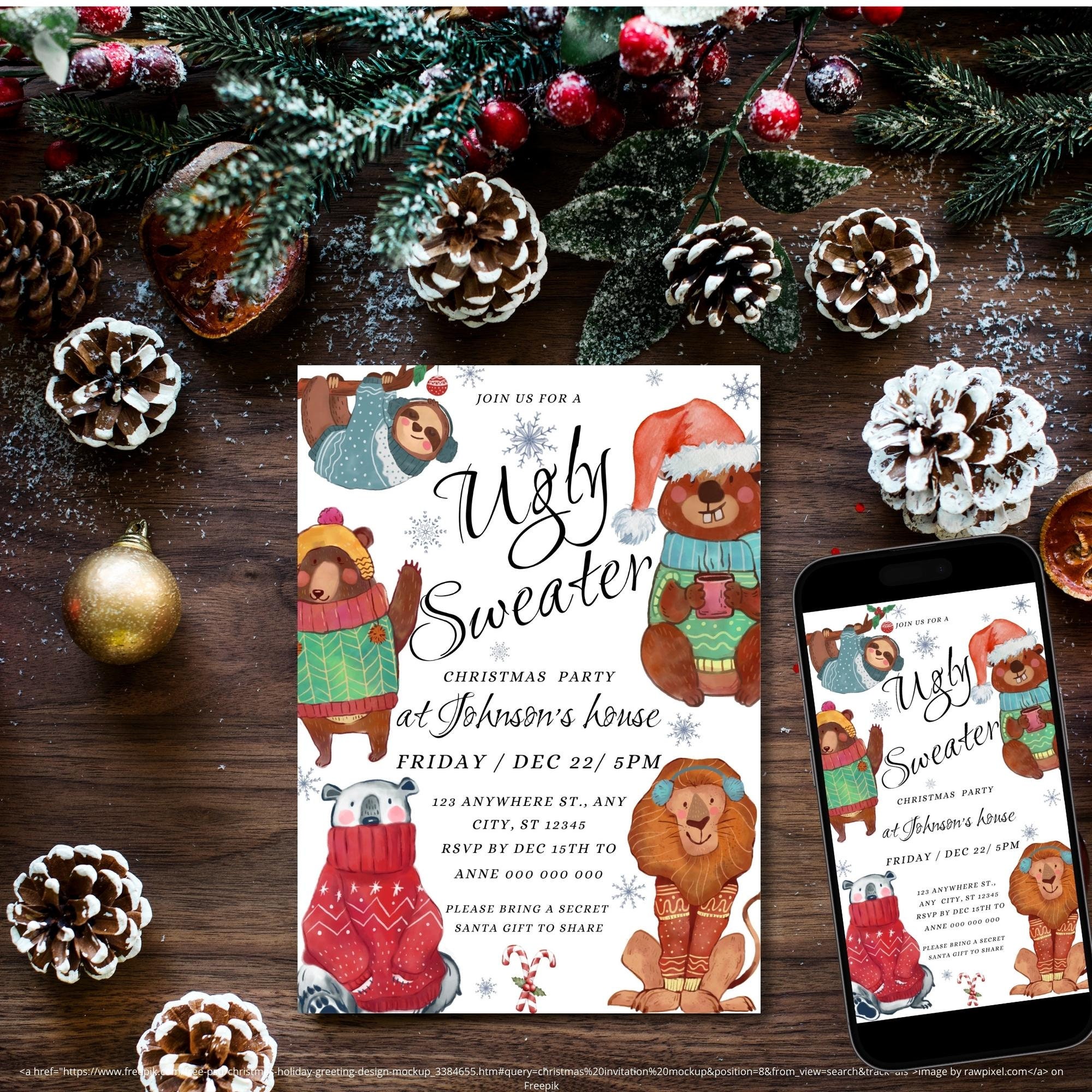 Editable Ugly Sweater Christmas Party Invitation Canva Template ...