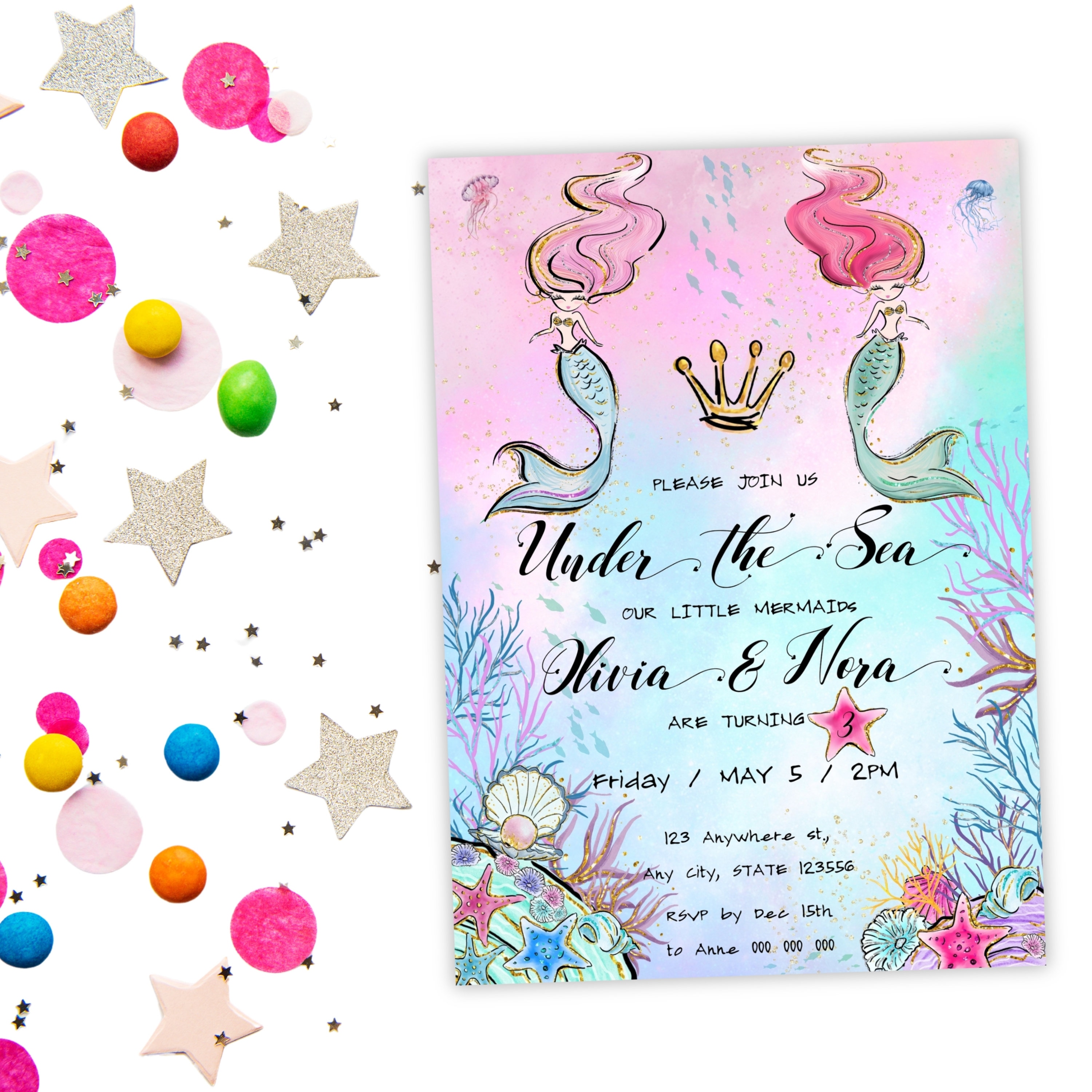 Editable Pink Twin Mermaids Birthday Invite, Two Mermaids Twins ...