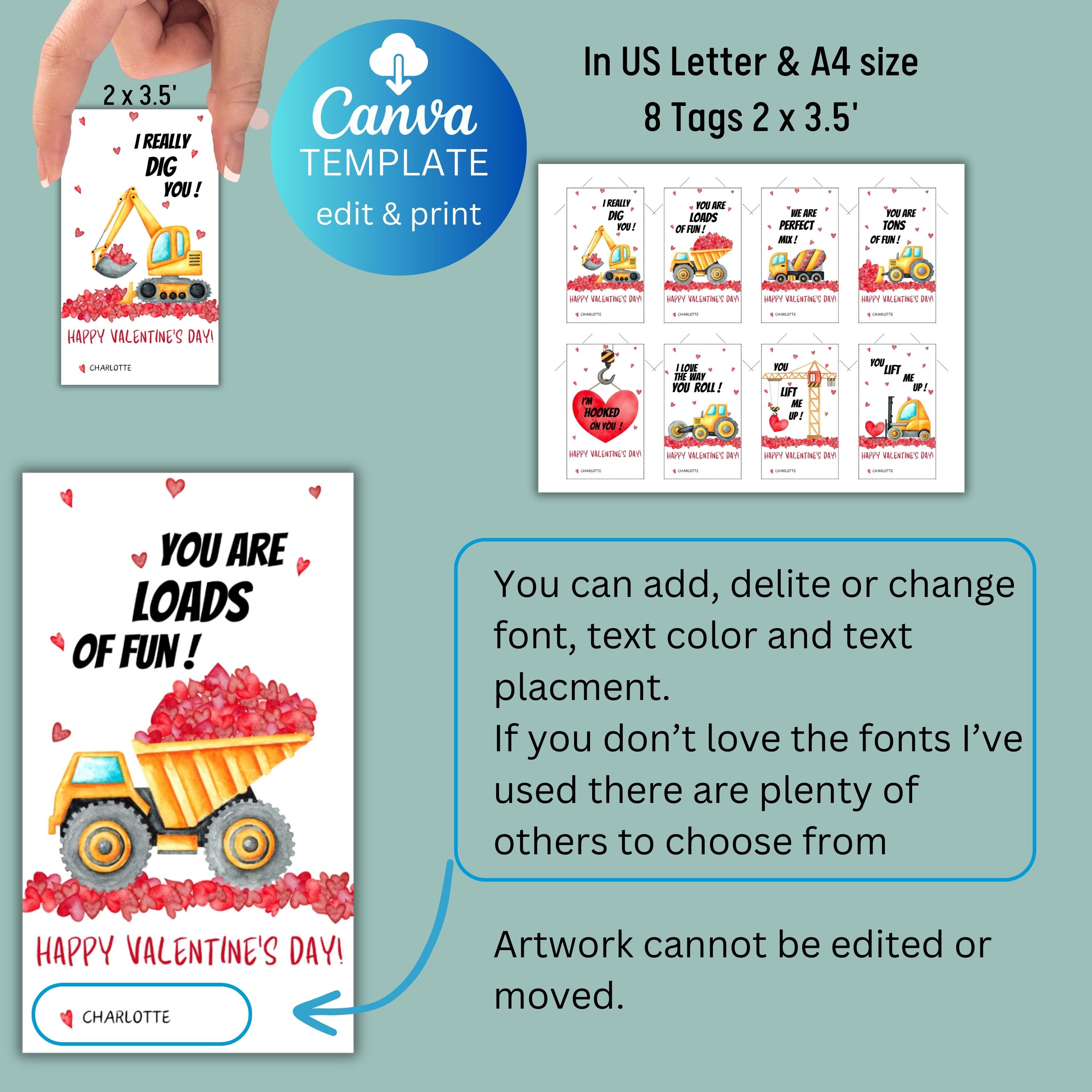 Editable Construction Valentine's Day Tags Kids Valentines Boy Dump ...