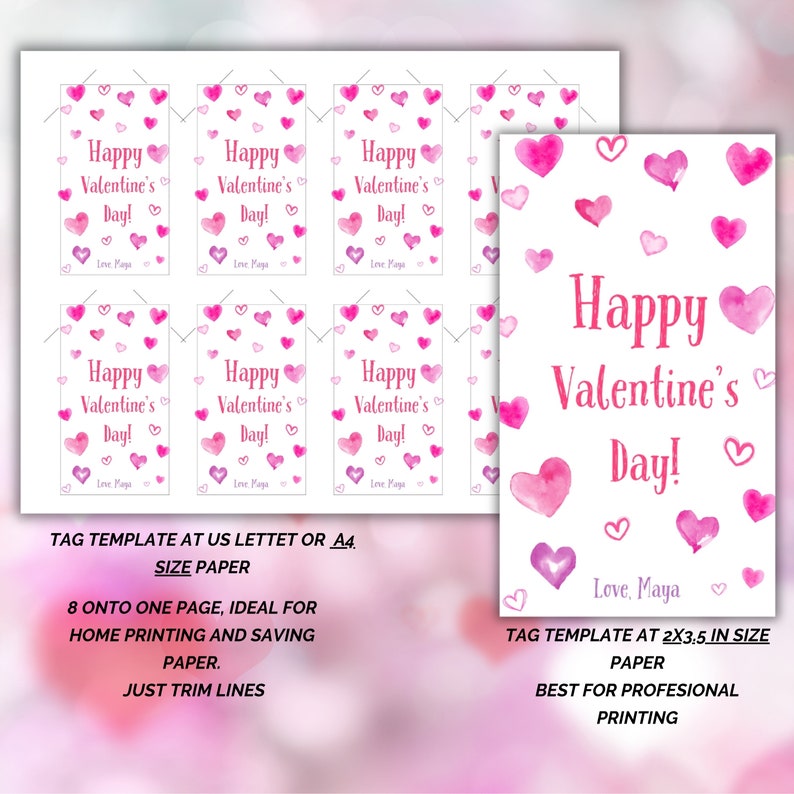Editable Happy Valentine's Day Gift Tag Favor Tag Pink Red Watercolor ...
