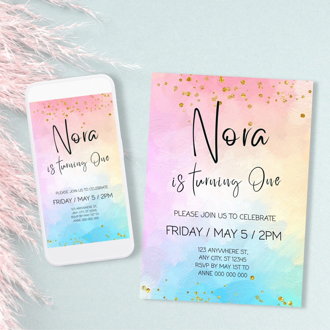 Rainbow Birthday Invitation Colorful Watercolor Gold Glitter Sprinkles ...