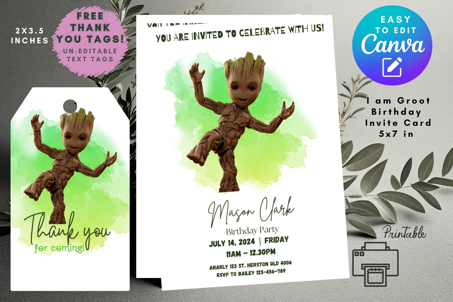 Groot Birthday Invitation Template, Printable Birthday Party Invitation ...
