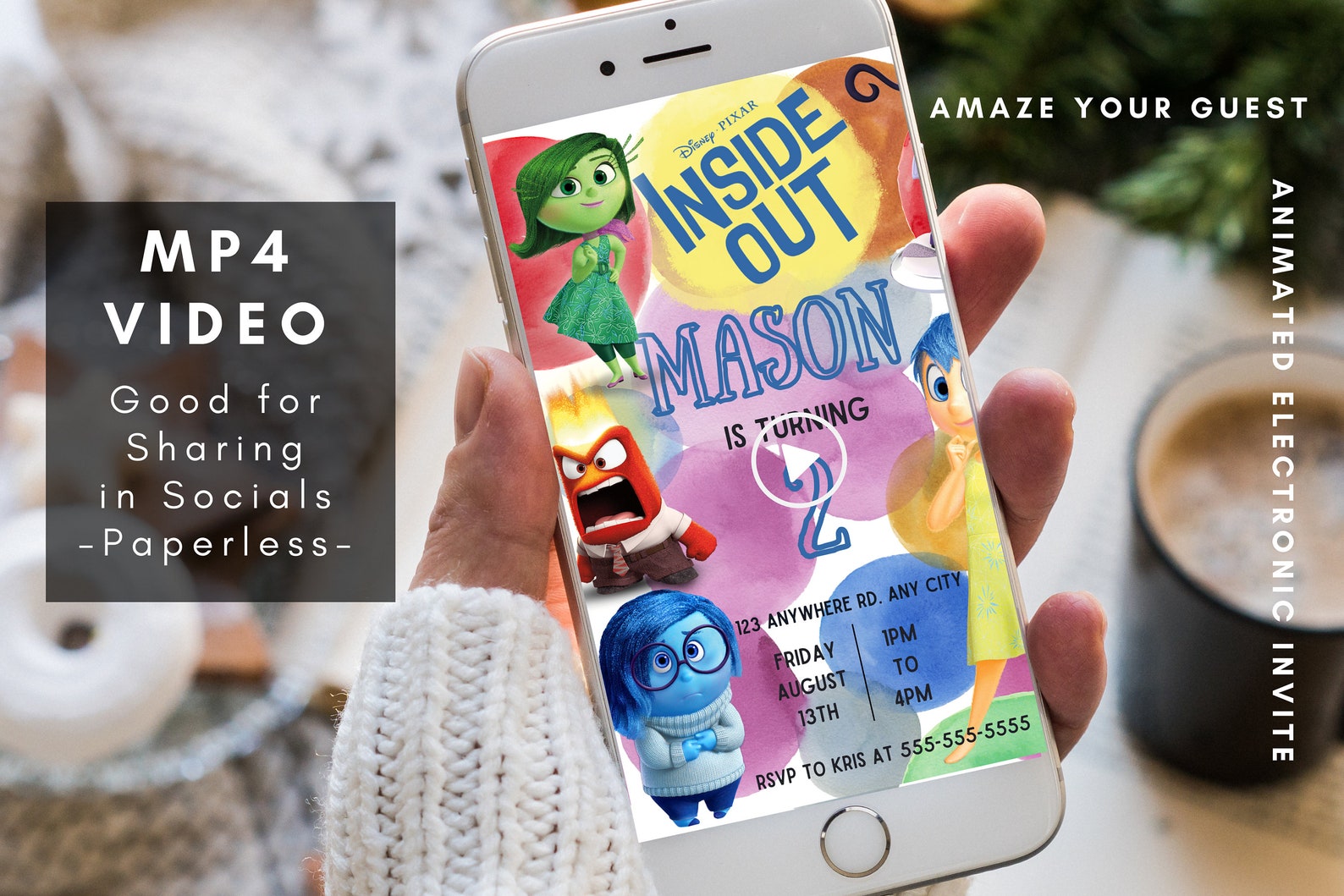 Inside Out Pixar Editable Invitations 1 Digital Printable Invite & 1 ...