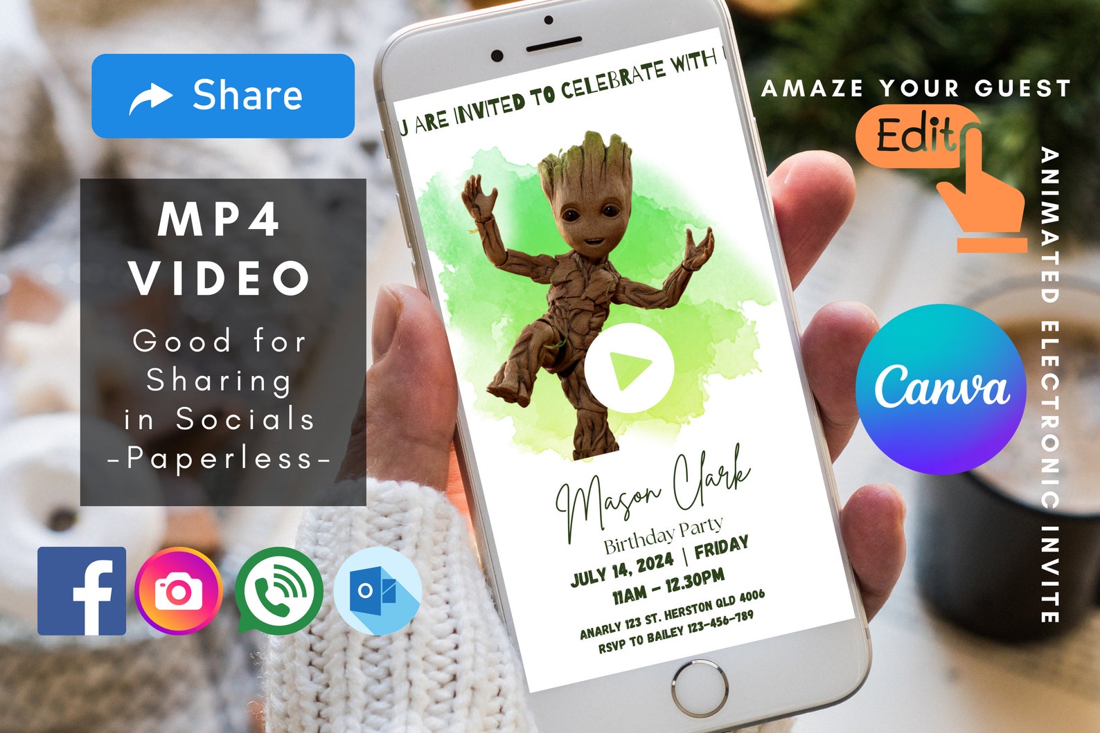Groot Birthday Invitation Template, Printable Birthday Party Invitation ...