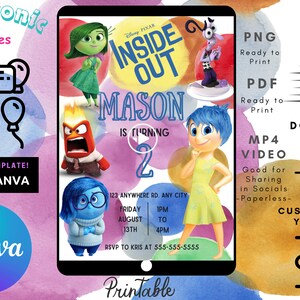 Inside Out Pixar Editable Invitations 1 Digital Printable Invite & 1 ...