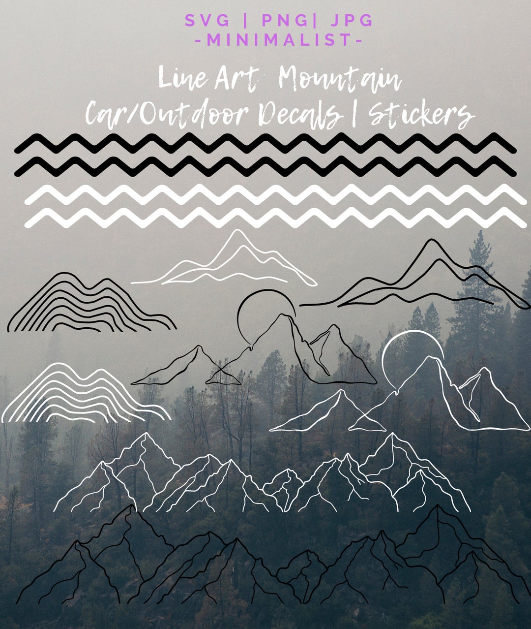Minimalist Line Mountain SVG PNG Bundle, Simple Mountain Line Drawings ...