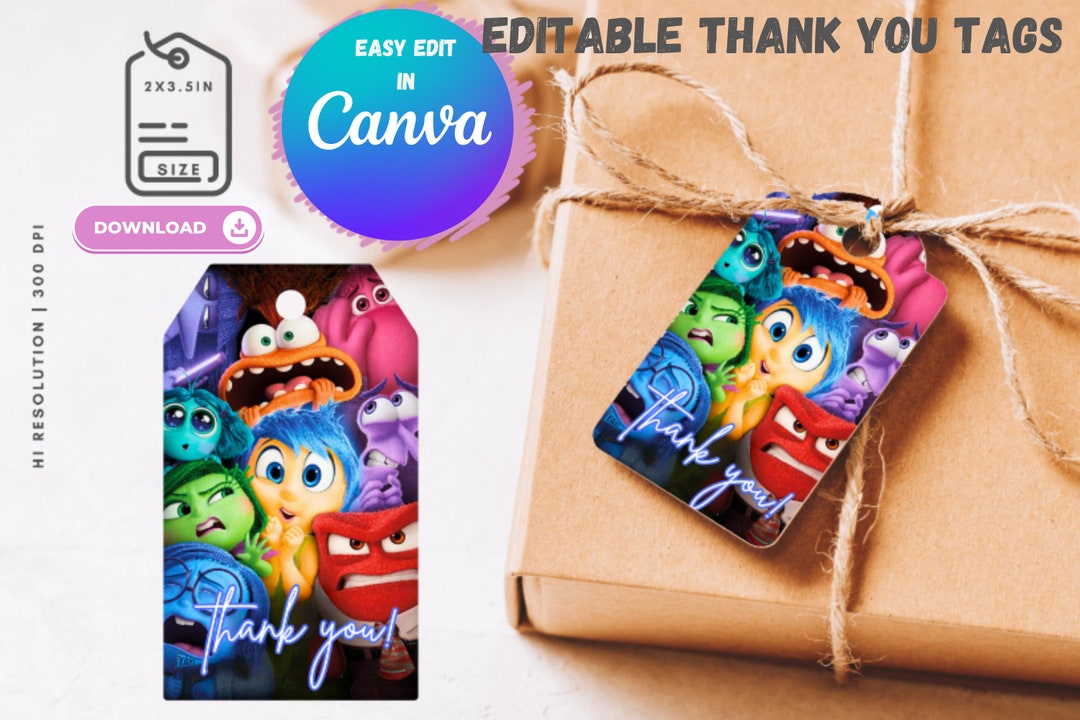 Inside Out 2 Pixar Editable Thank You Tags Digital Printable, Birthday ...