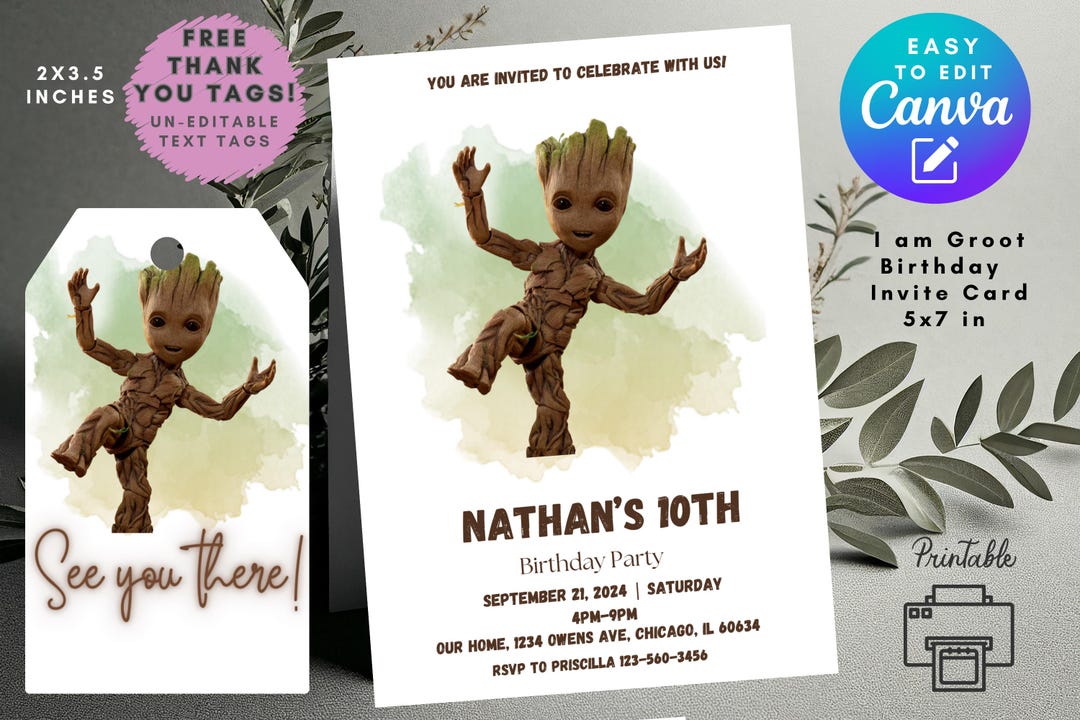 Groot Birthday Invitation Template: Printable Kids Party Invite (canva ...