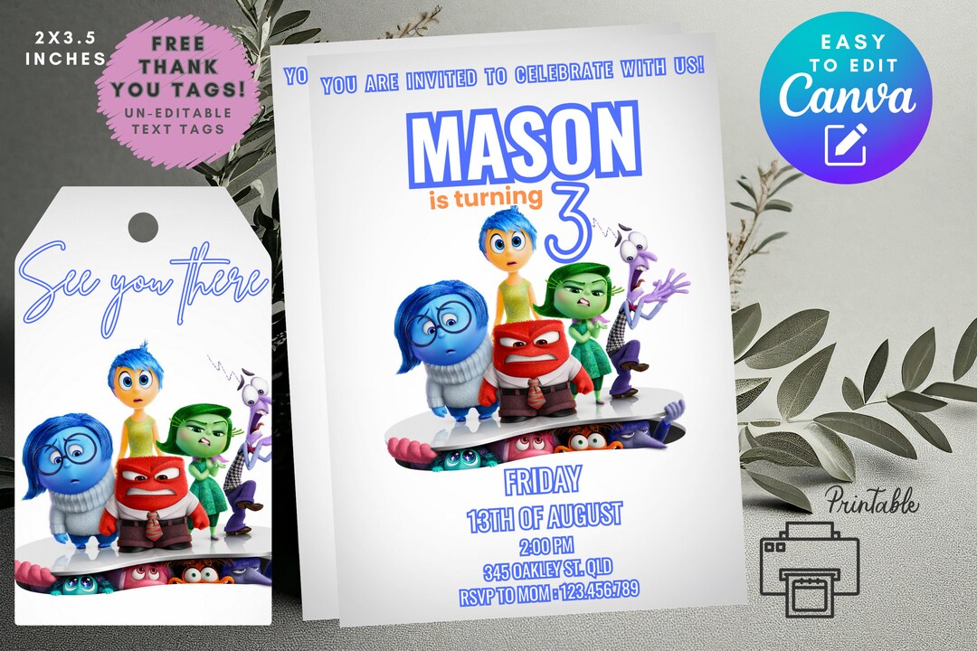 Inside Out Pixar Editable Invitations 2 Digital Printable Invite & 2 ...