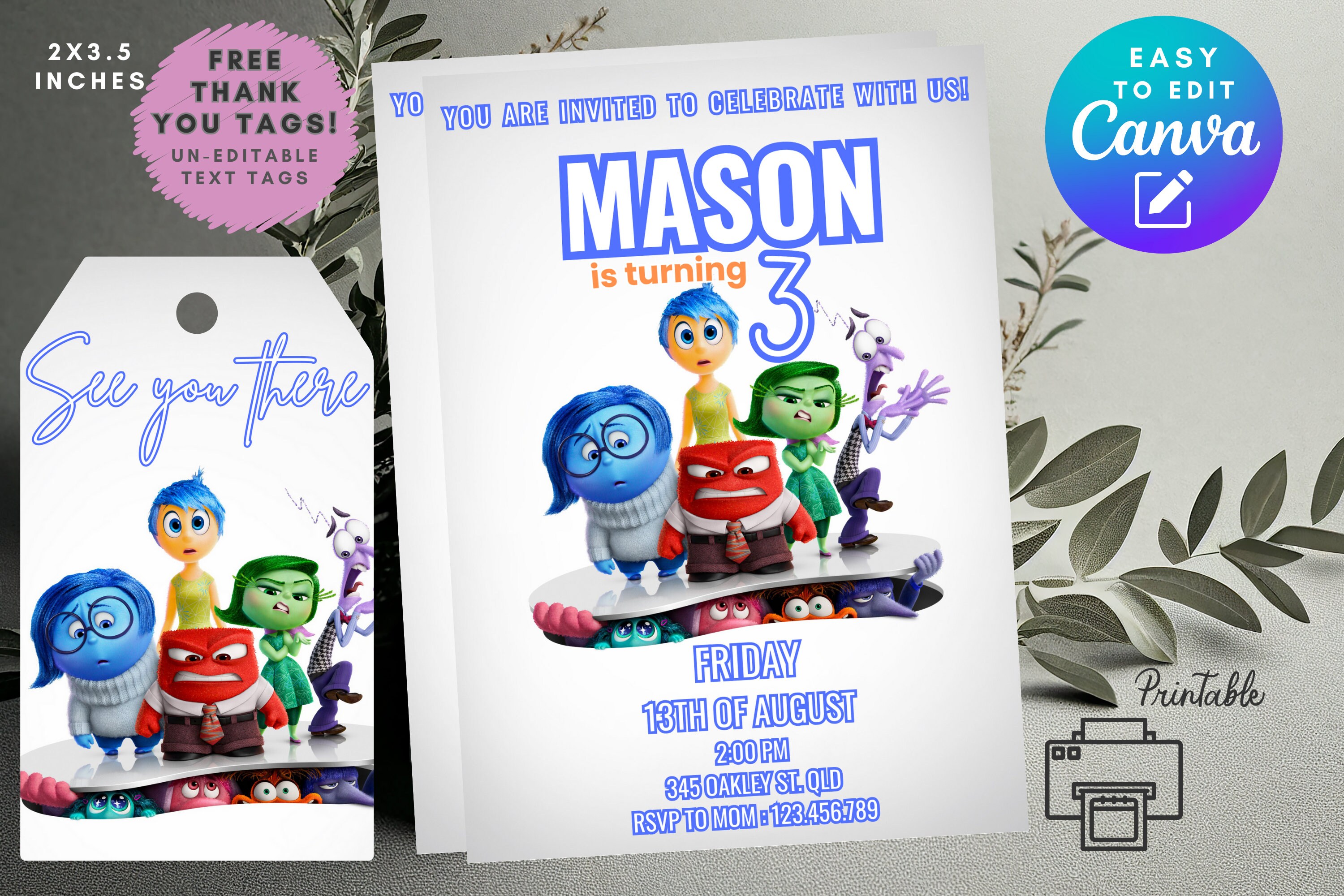 Inside Out Pixar Editable Invitations 2 Digital Printable Invite & 2 ...