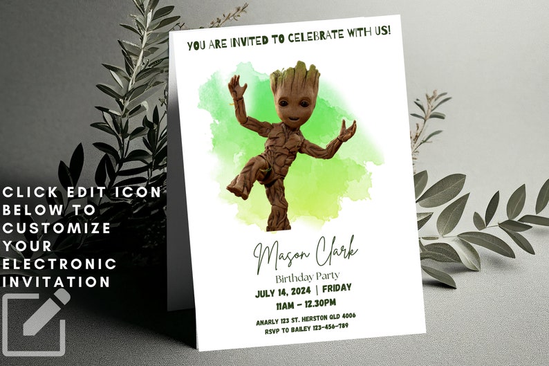 Groot Birthday Invitation Template: Editable Kids Party Invite (canva ...