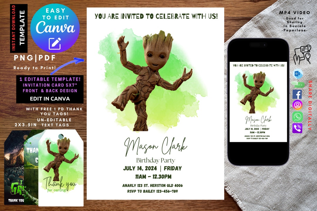 Plantilla de invitación de cumpleaños de Groot: Invitación editable ...