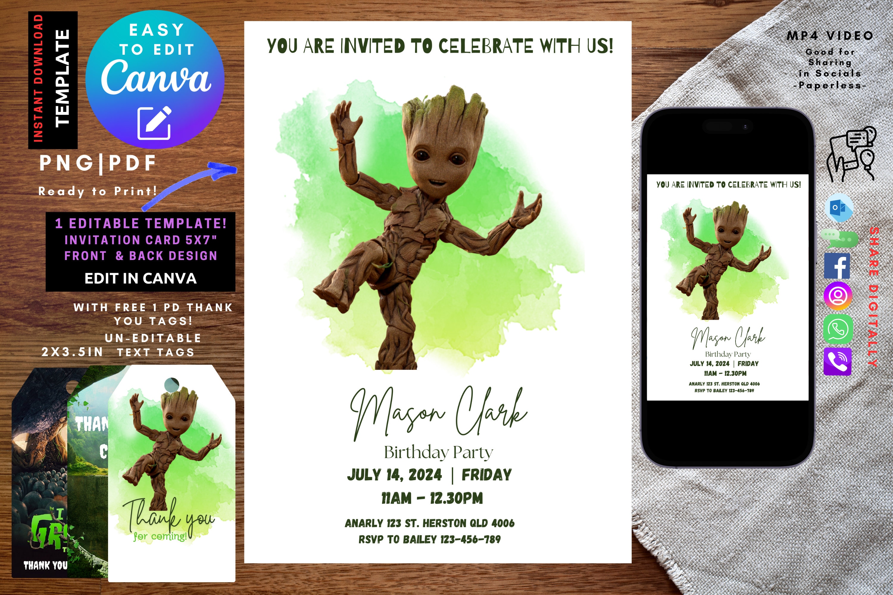 Groot Birthday Invitation Template, Printable Birthday Party Invitation ...