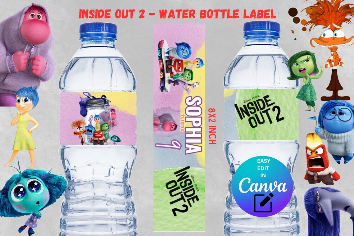 Inside Out 2 Water Bottle Label: Editable Birthday Party Decor (digital ...