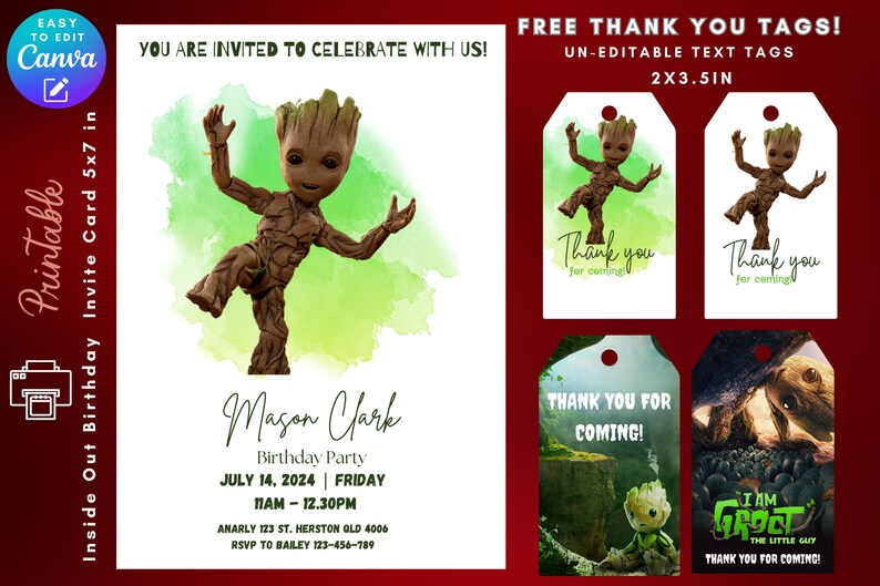Groot Birthday Invitation Template, Printable Birthday Party Invitation ...