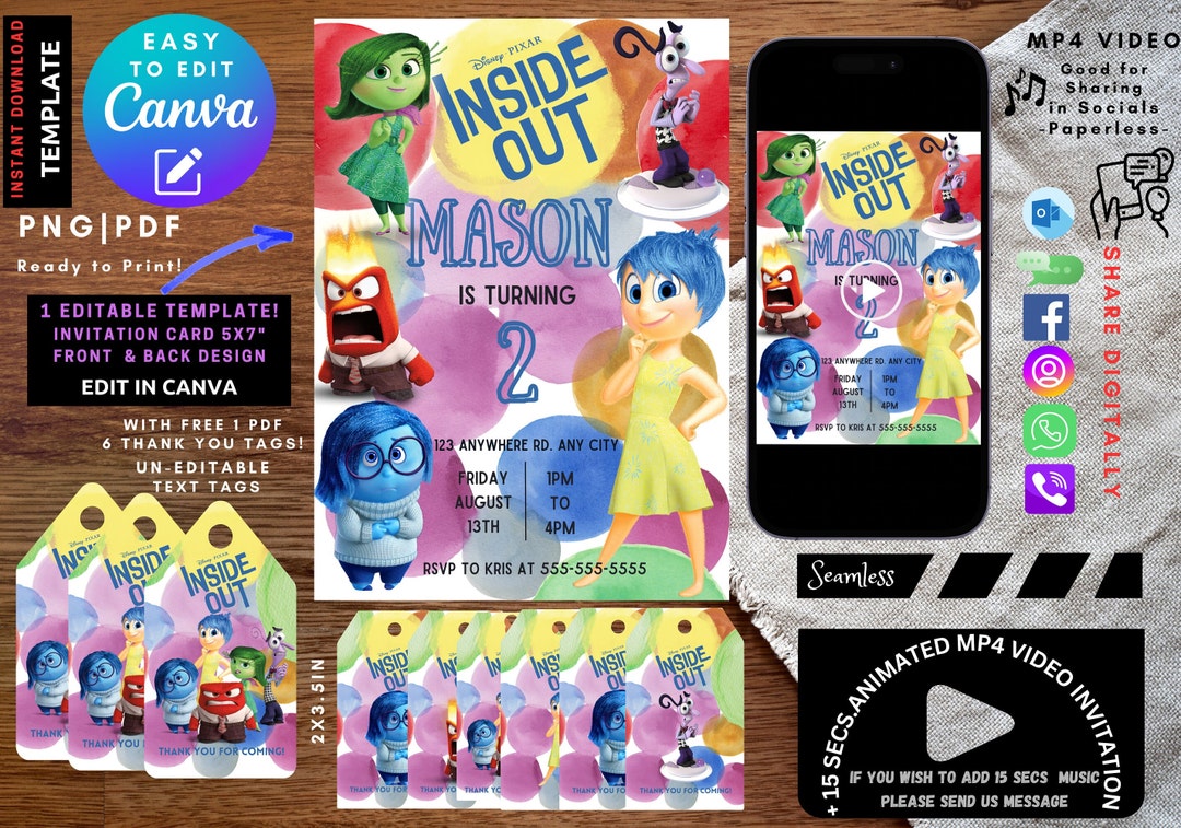 Inside Out Pixar Editable Invitations 1 Digital Printable Invite & 1 ...