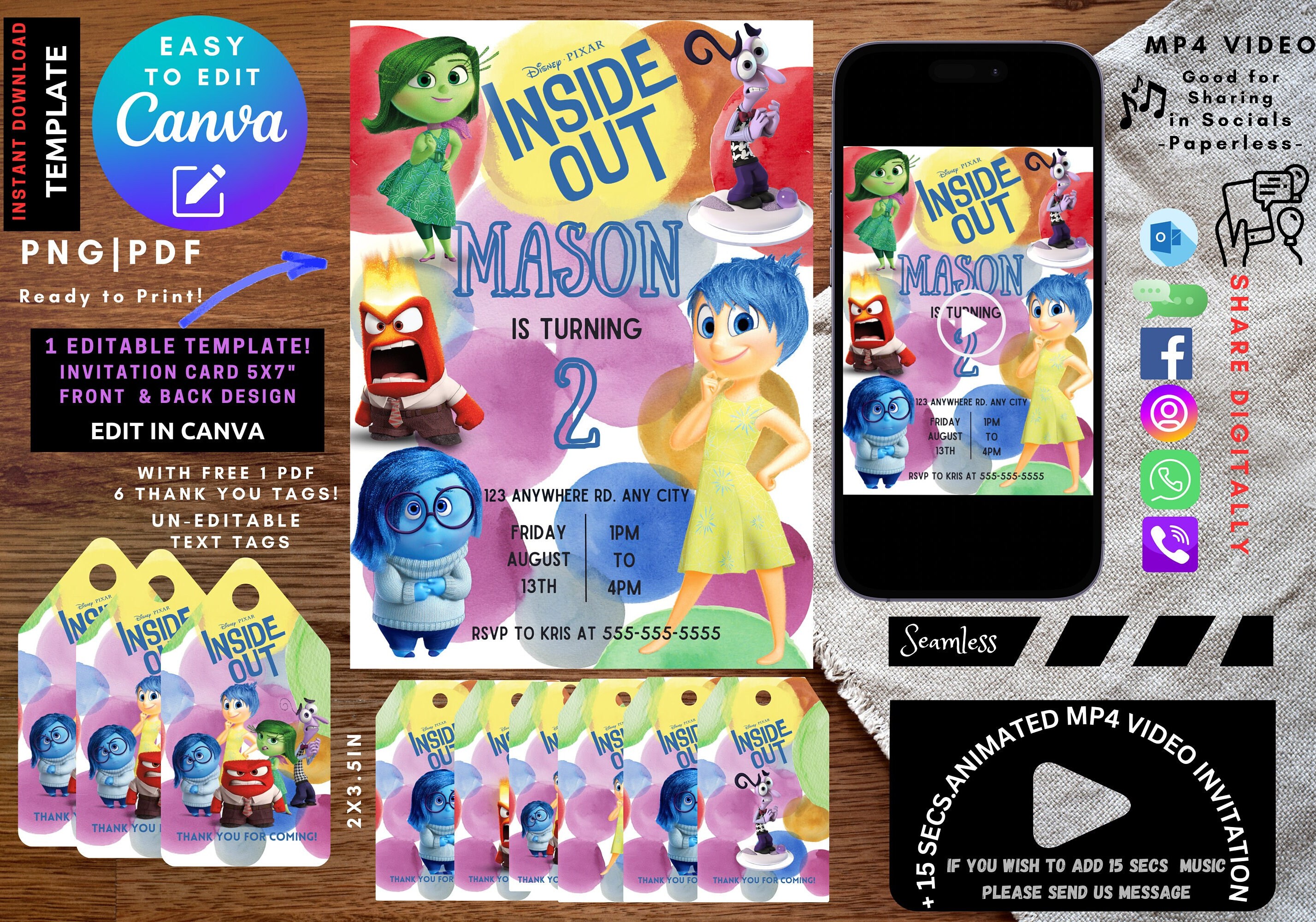 Inside Out Pixar Editable Invitations 1 Digital Printable Invite & 1 ...