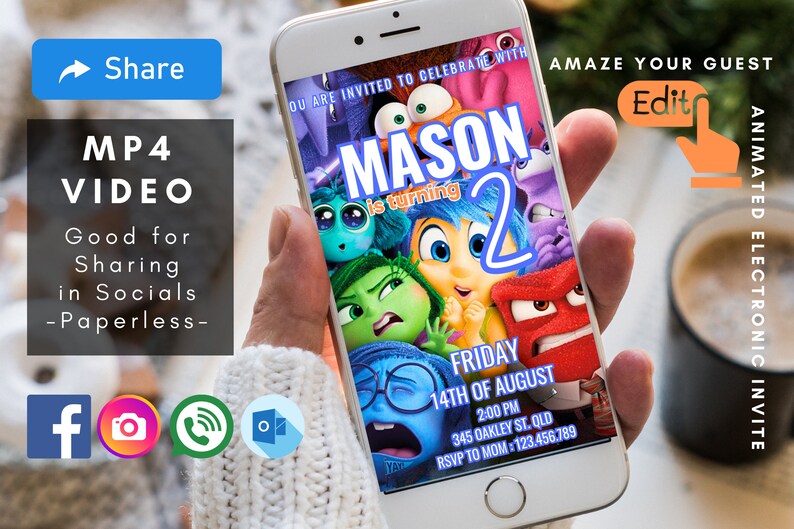 Invitaciones editables de Inside Out pixar 2 invitaciones digitales ...