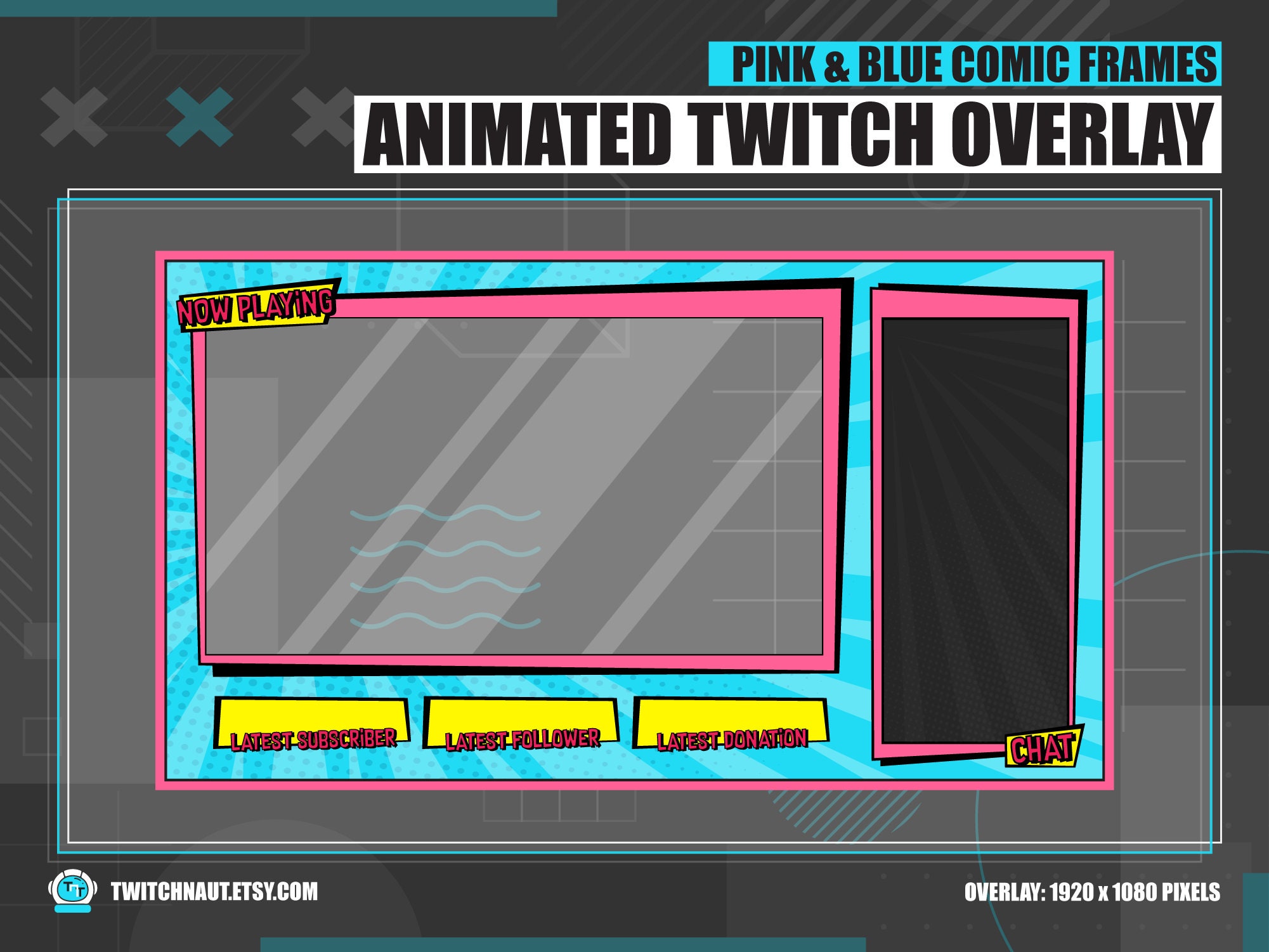 Animated Pink & Blue Comic Twitch Overlay Package Animated - Etsy UK