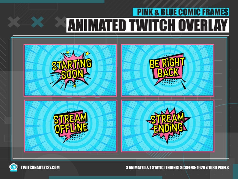 Animated Pink & Blue Comic Twitch Overlay Package Animated - Etsy