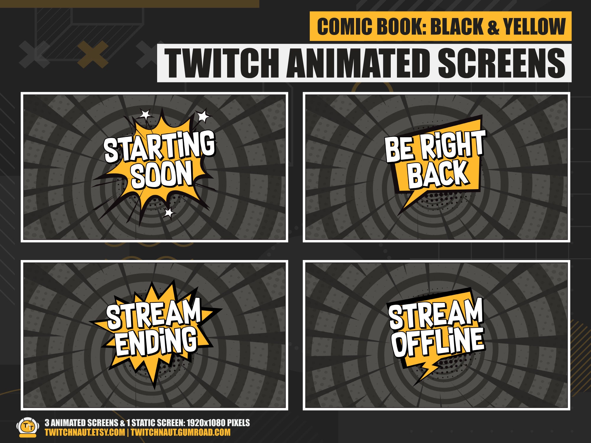 Black and Gold Comic Book Animated Twitch Overlay Package Animated ...