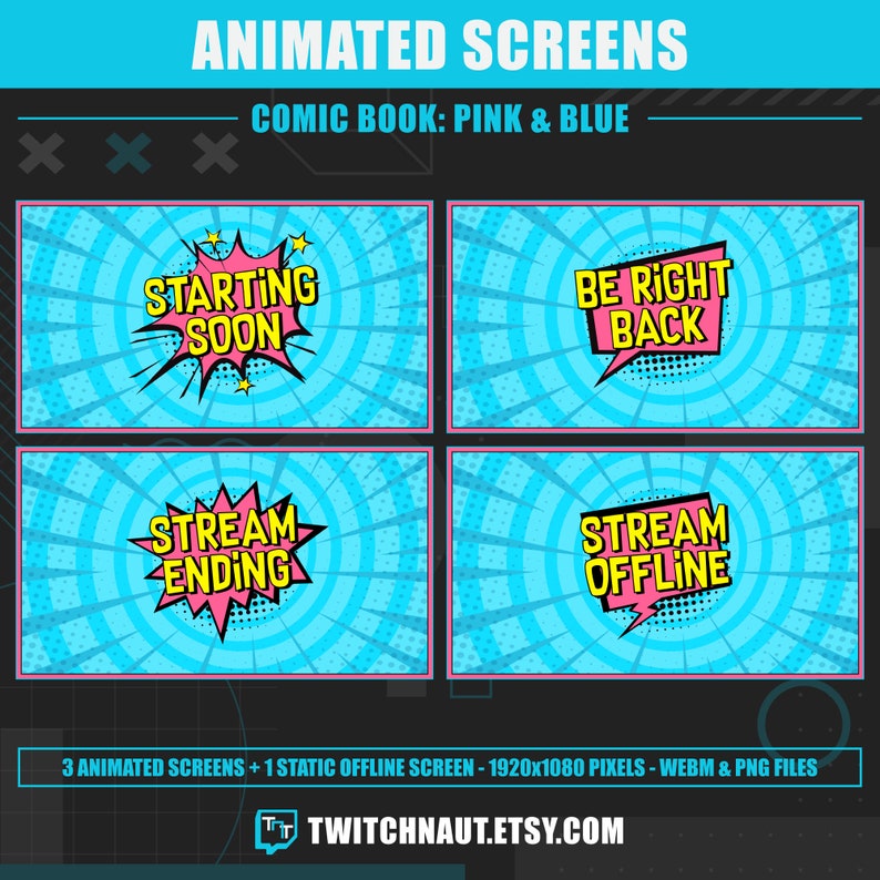 Animated Pink & Blue Comic Twitch Overlay Package | Animated Twitch ...