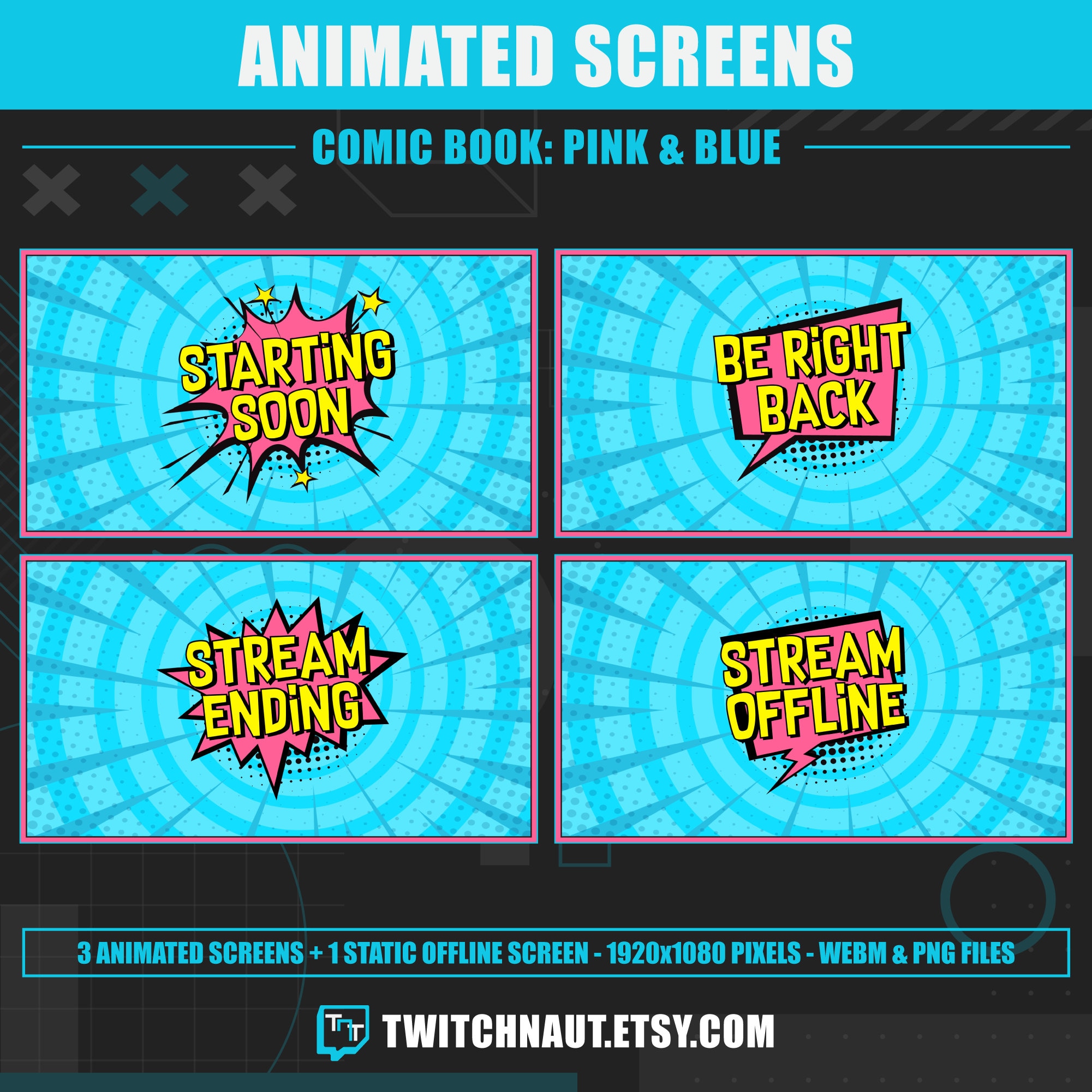 Animated Pink & Blue Comic Twitch Overlay Package Animated Twitch ...