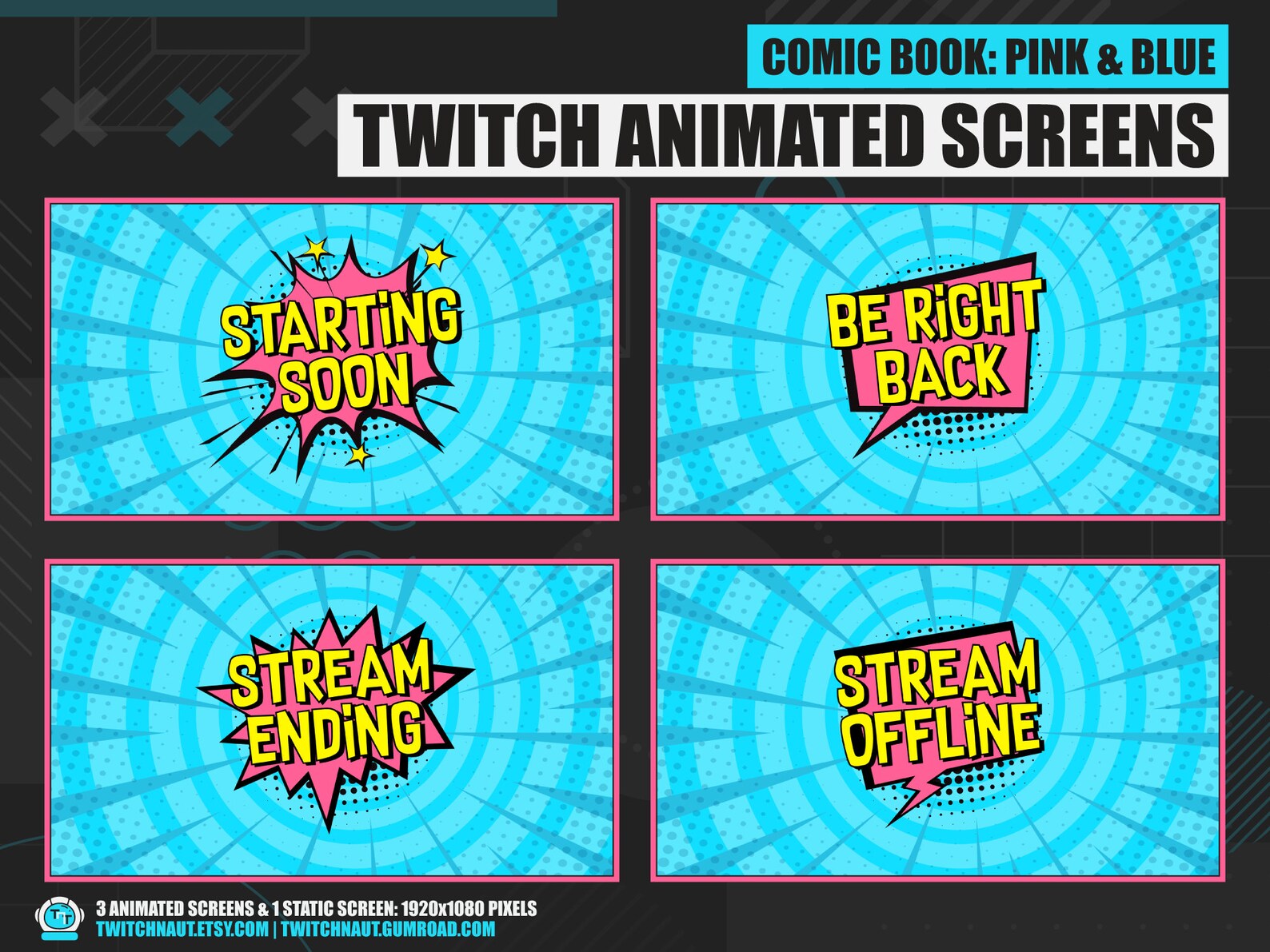 Animated Pink & Blue Comic Twitch Overlay Package Animated Twitch ...