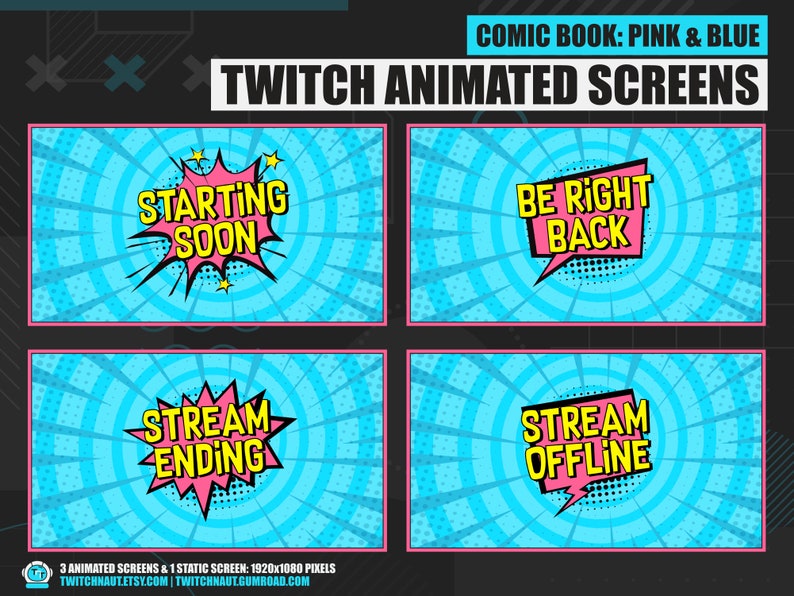 Animated Pink & Blue Comic Twitch Overlay Package Animated Twitch ...