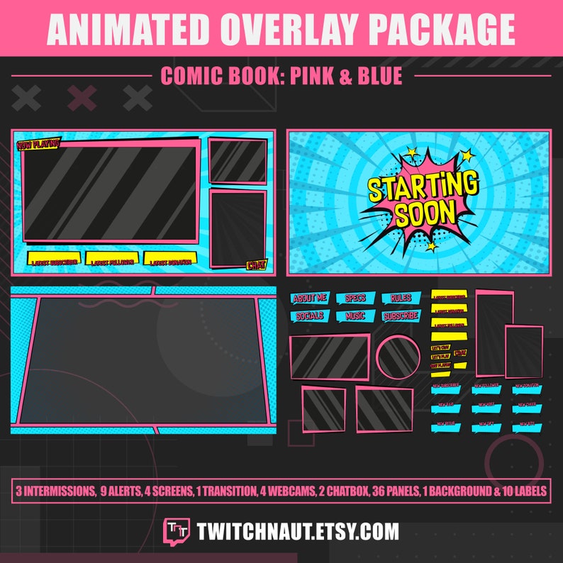 Animated Pink & Blue Comic Twitch Overlay Package Animated Twitch ...
