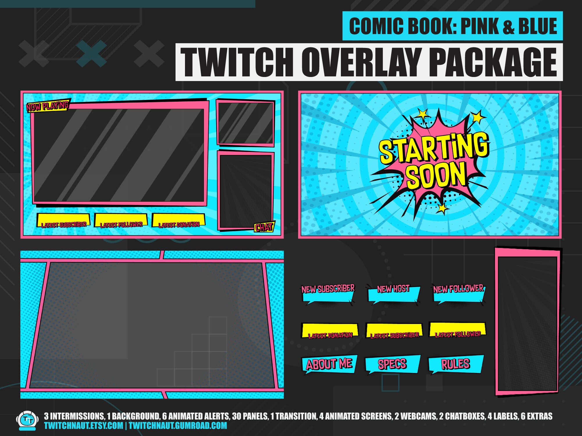 Animated Pink & Blue Comic Twitch Overlay Package Animated Twitch ...
