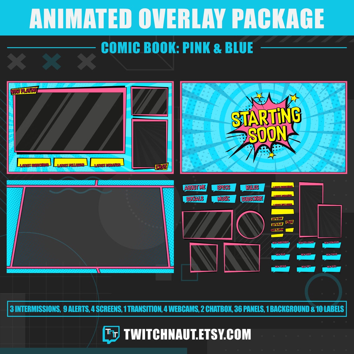 Animated Pink & Blue Comic Twitch Overlay Package Animated Twitch ...
