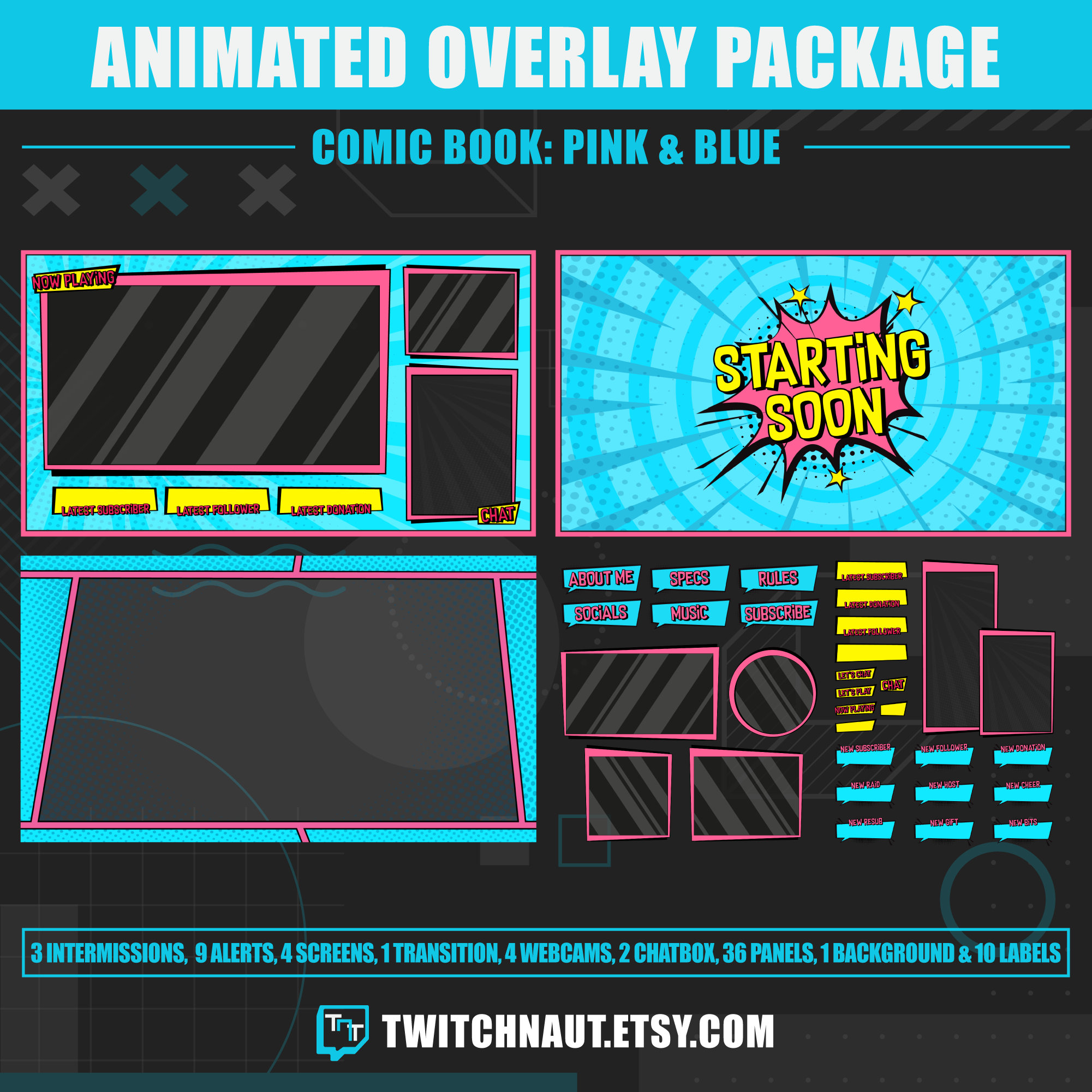 Animated Pink & Blue Comic Twitch Overlay Package Animated Twitch ...