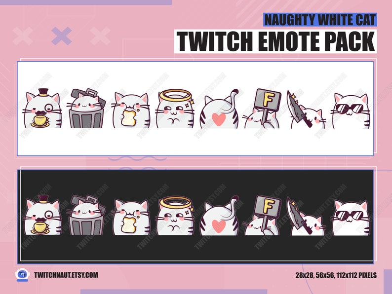 Cute Cat Twitch Emotes for Channel Points Funny Cat Stream Bundle White ...