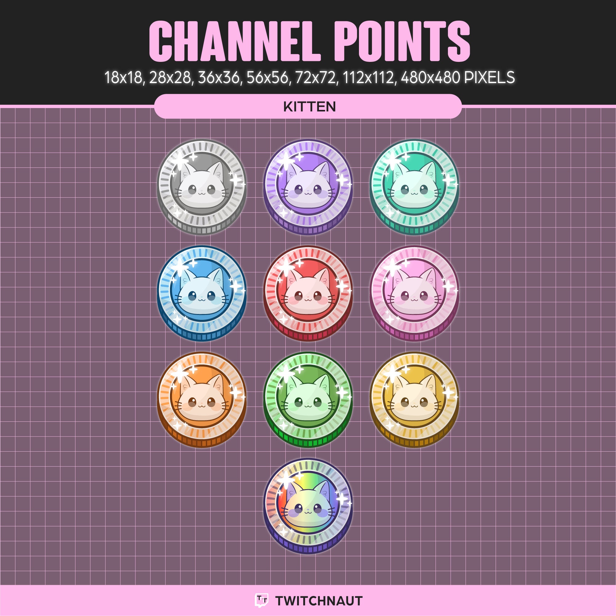 Cute Cat Coins Twitch Channel Points | Pink Kitten Twitch Badges ...