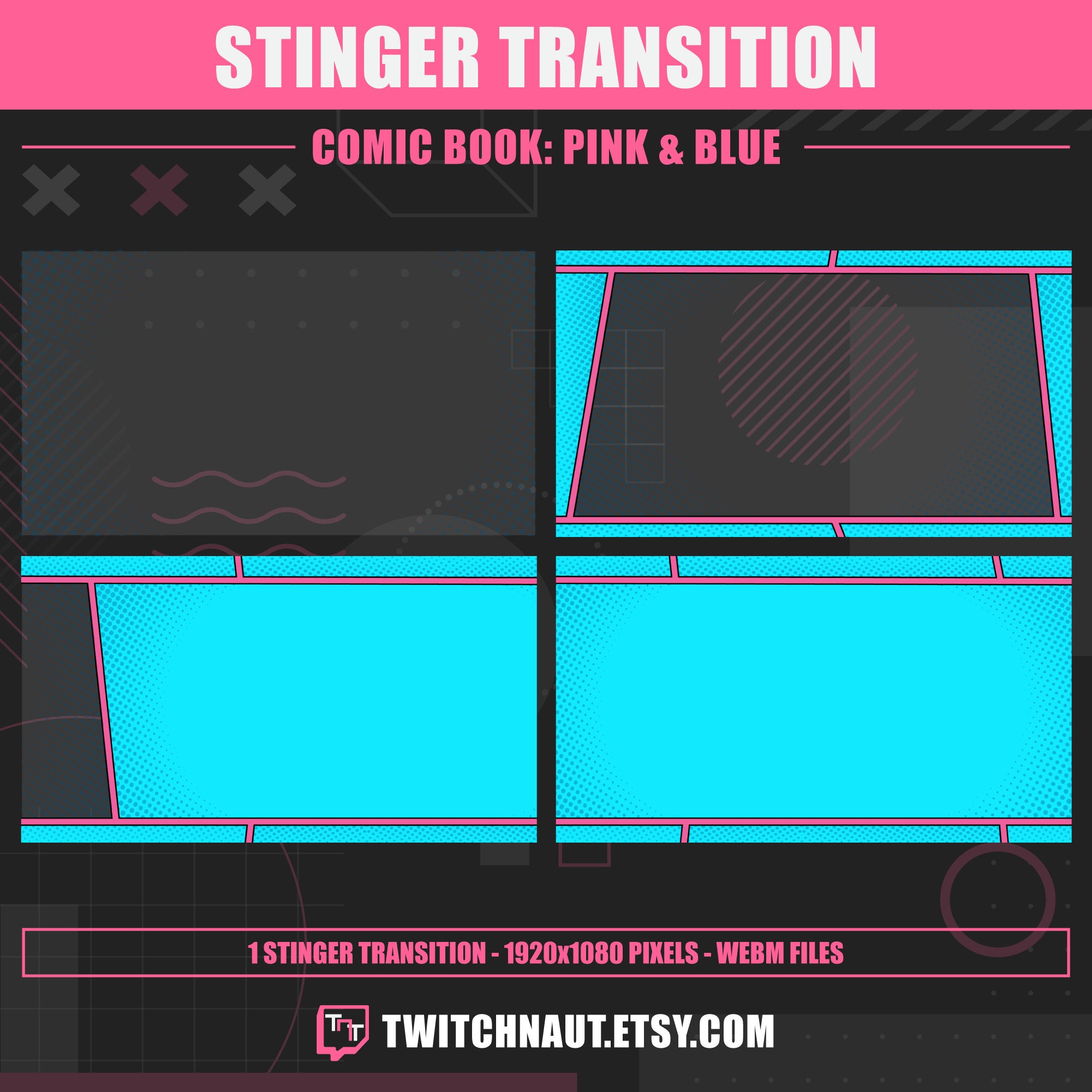 Animated Pink & Blue Comic Twitch Overlay Package Animated Twitch ...