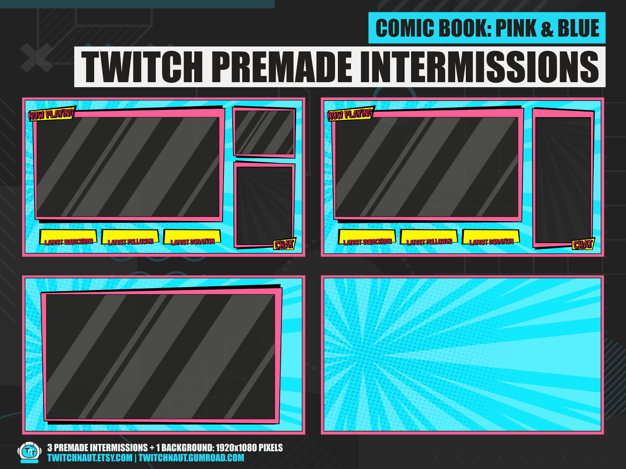 Animated Pink & Blue Comic Twitch Overlay Package Animated - Etsy
