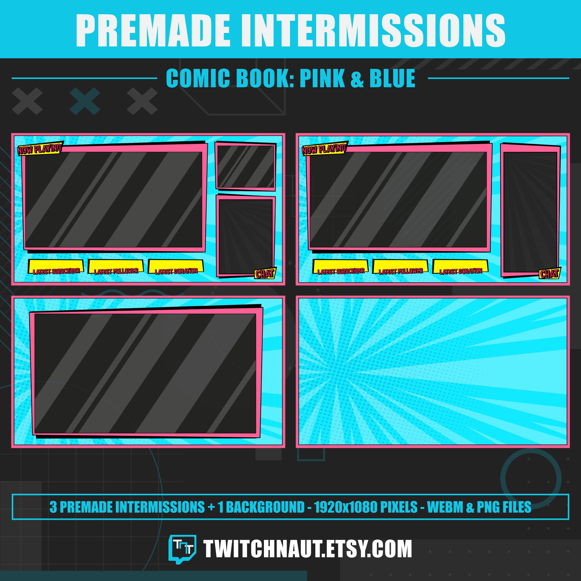 Animated Pink & Blue Comic Twitch Overlay Package Animated Twitch ...