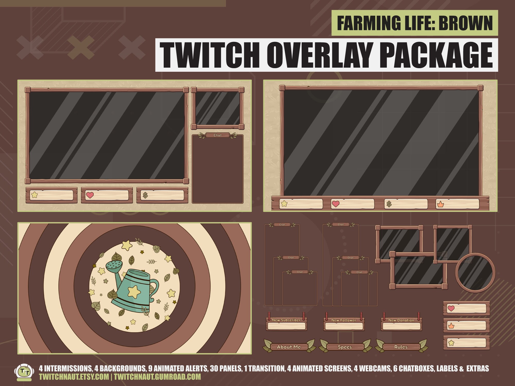 Farming Animated Cozy Twitch Overlay Package | Brown Farm Cottagecore ...