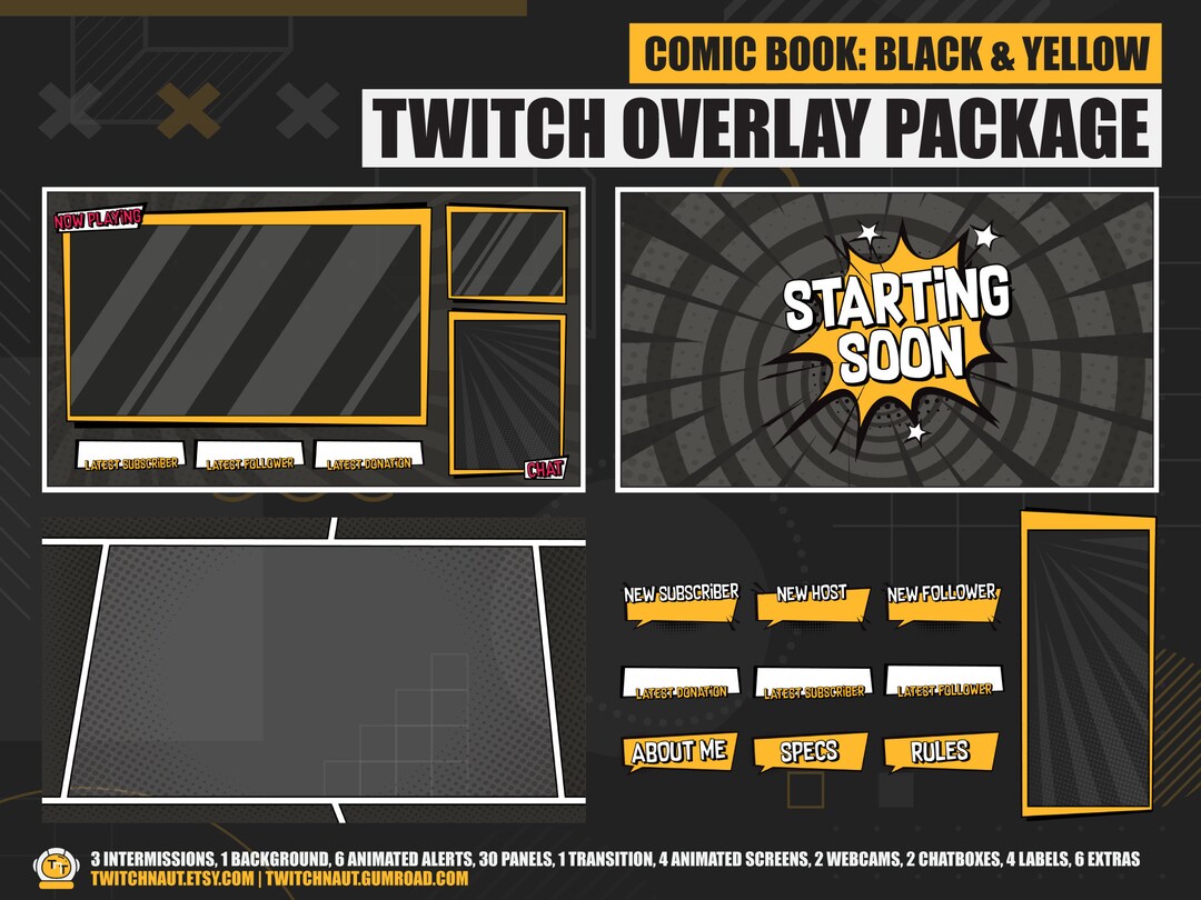 Black and Gold Comic Book Animated Twitch Overlay Package | Animated ...