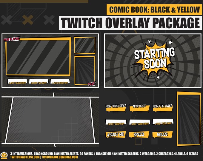 Black and Gold Comic Book Animated Twitch Overlay Package | Animated ...