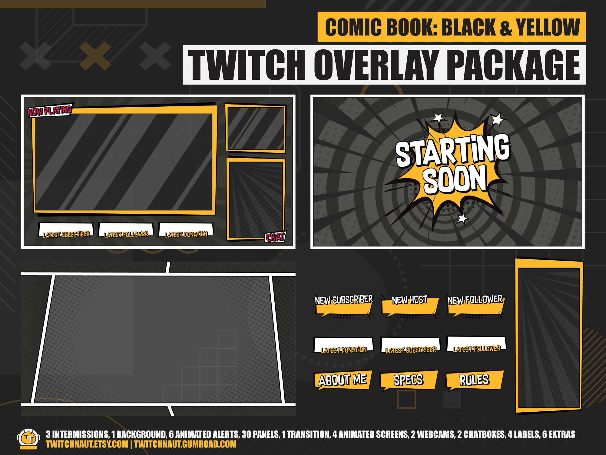 Black and Gold Comic Book Animated Twitch Overlay Package Animated ...