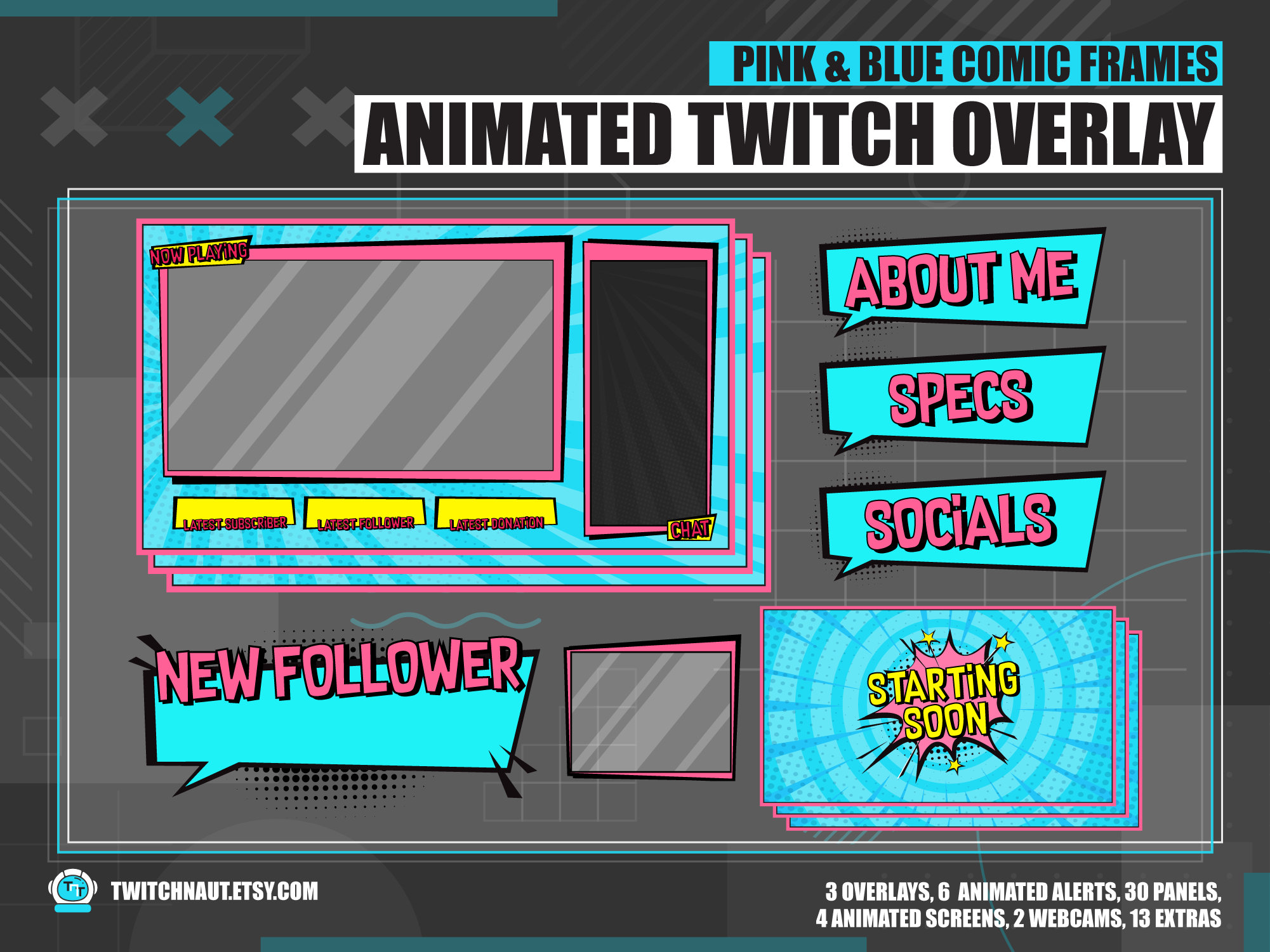 Animated Pink & Blue Comic Twitch Overlay Package Animated - Etsy Canada