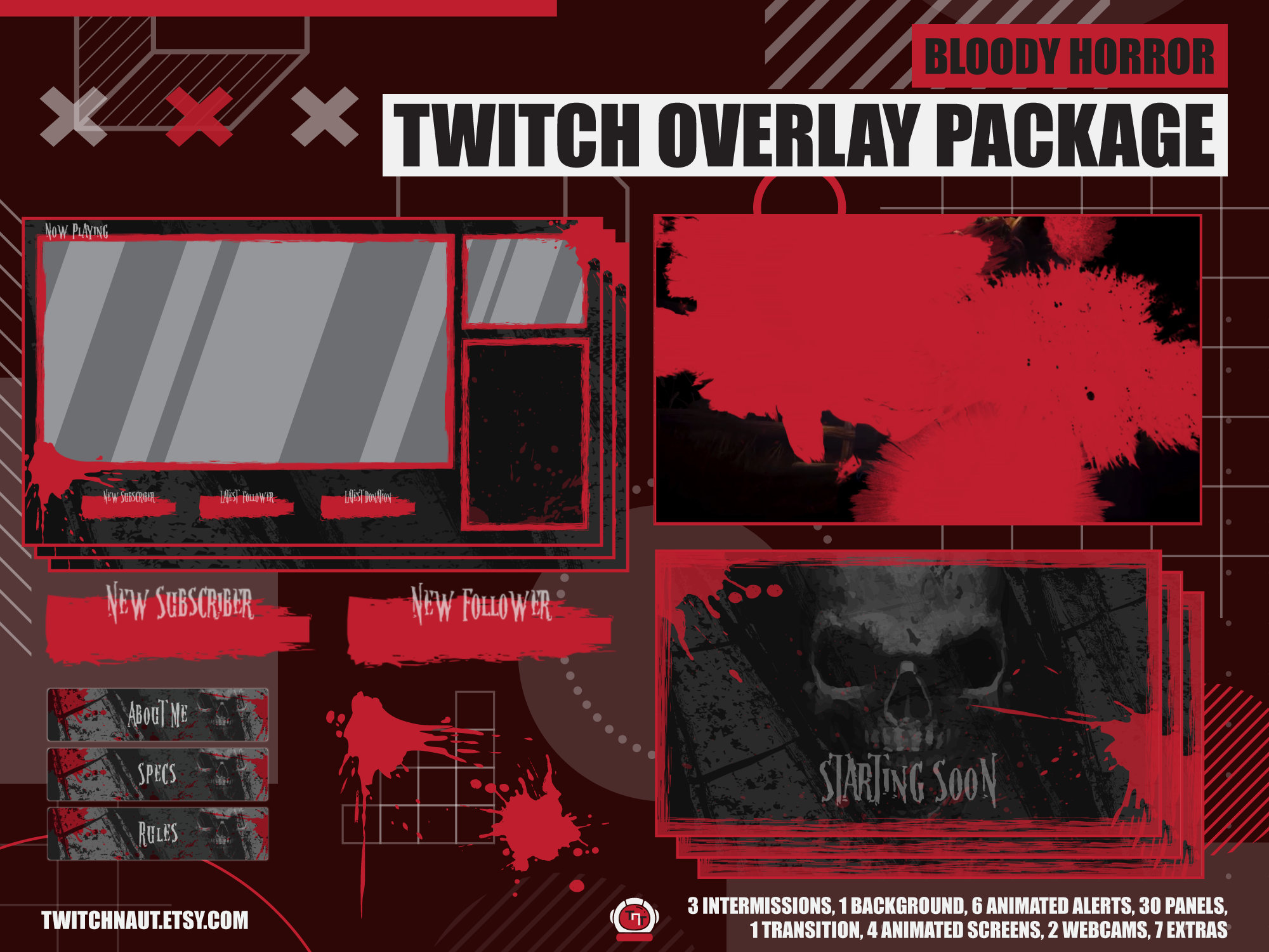 Red Horror Animated Twitch Overlay Package Bloody Gothic Twitch Stream ...